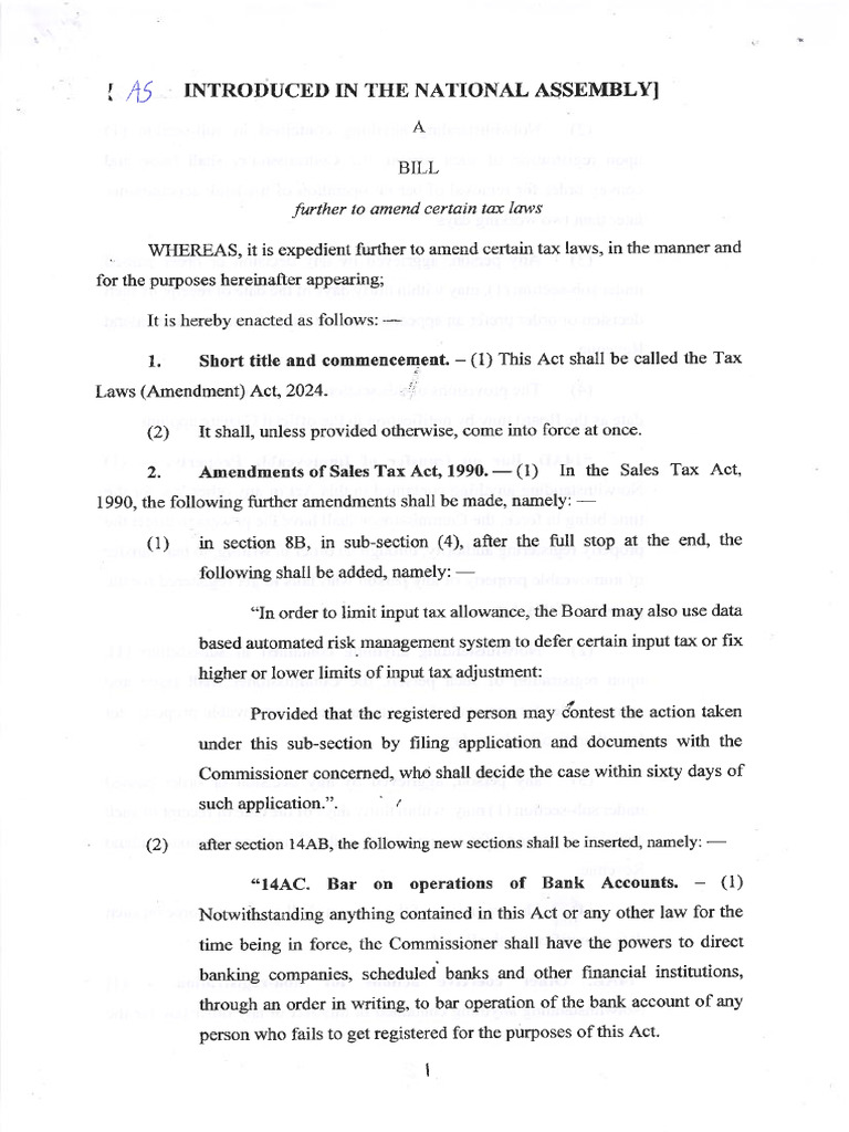 Tax Laws (Amendment) Bill, 2024 | PDF | Securities (Finance) | Taxes