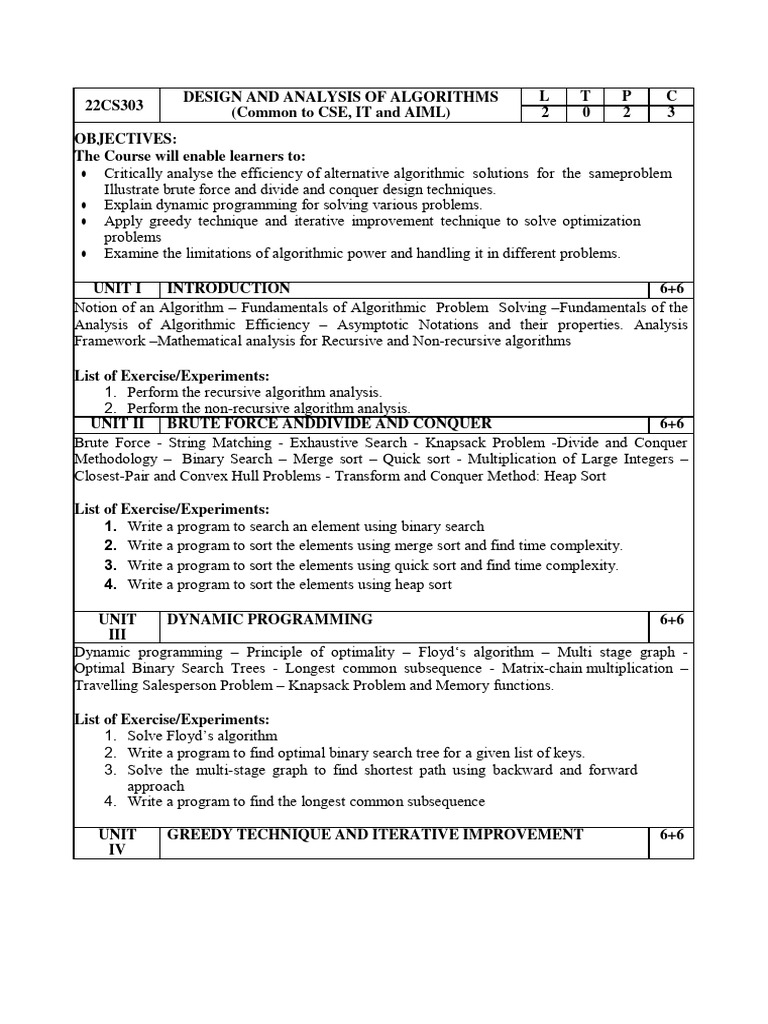 22CS303 DAA Syllabus-New | PDF | Dynamic Programming | Algorithms