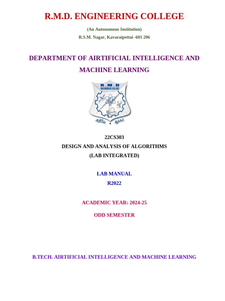 Lab Manual 22CS303 DAA (1) | PDF | Algorithms | Dynamic Programming