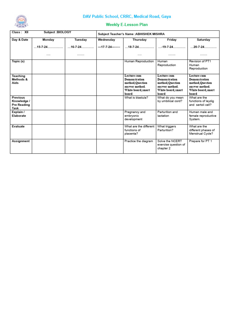 Class 12 Biology: Human Reproduction Plan | PDF | Reproduction | Human ...