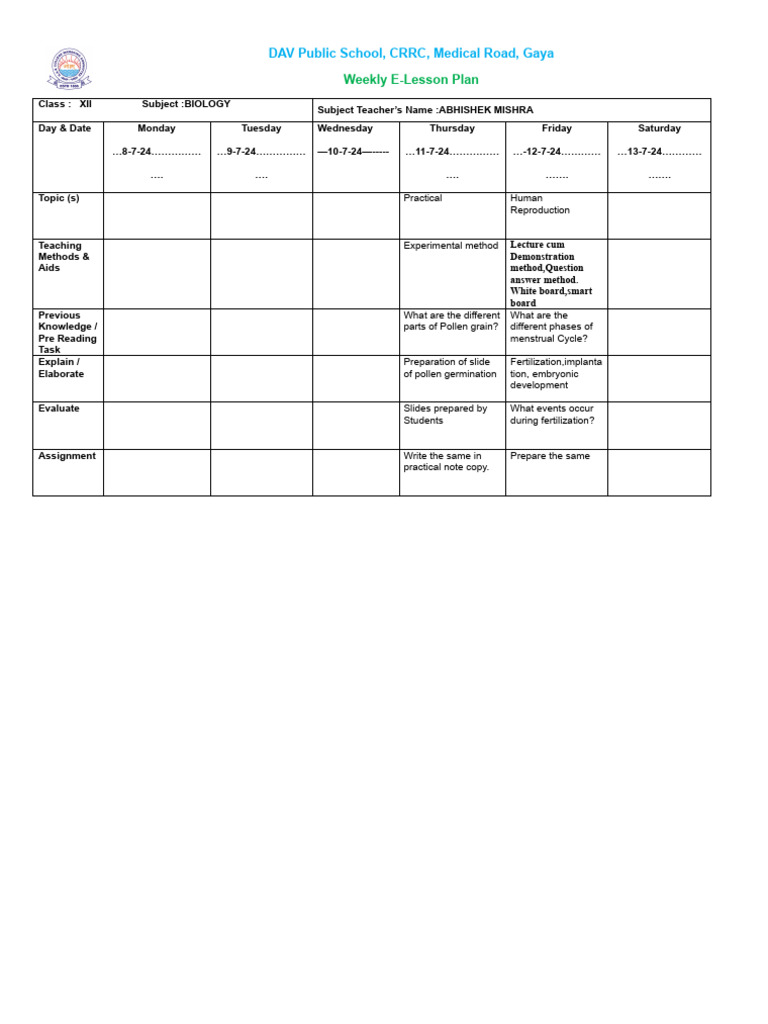 Xii Biology e Lesson Plan (8-7-24 To 13-7-24) | PDF | Reproduction ...