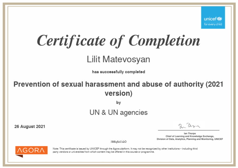 UN Harassment Prevention Certificate | PDF