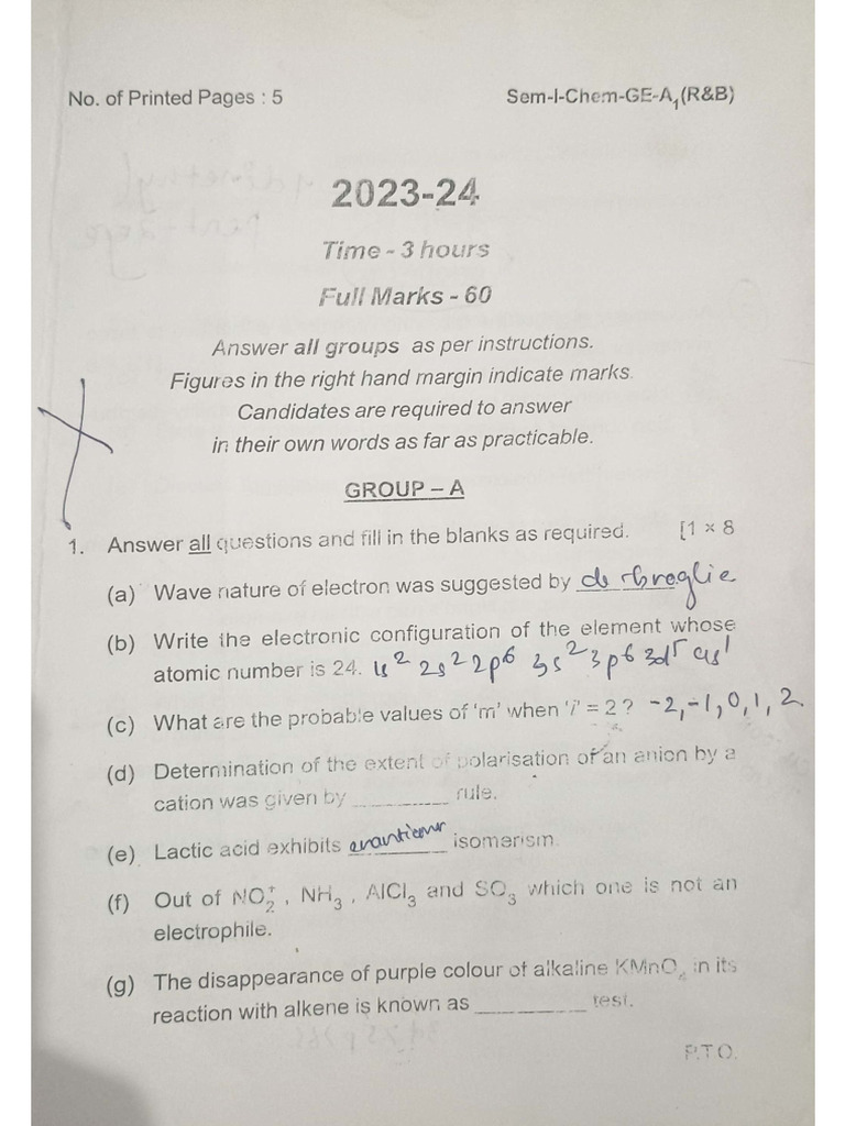 GE1 Chemistry 3rd Sem 2023-24 Question | PDF
