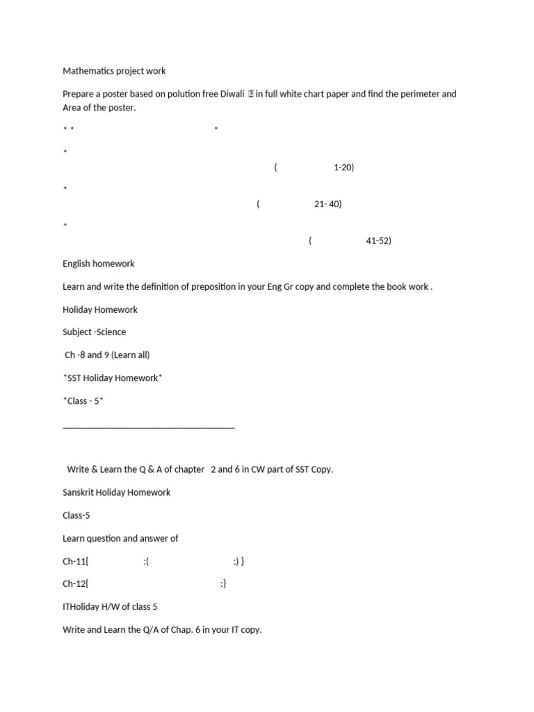 Diwali Holiday Homework Class 5 | PDF