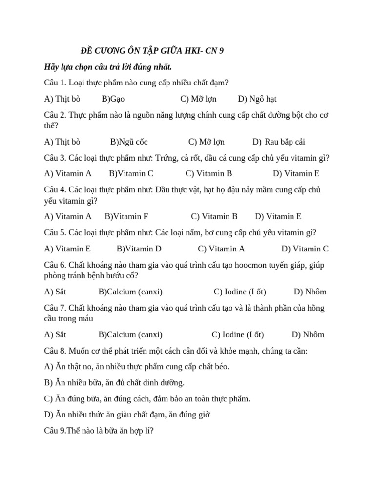 Đề Cương Ôn Tập Giữa Hki | PDF