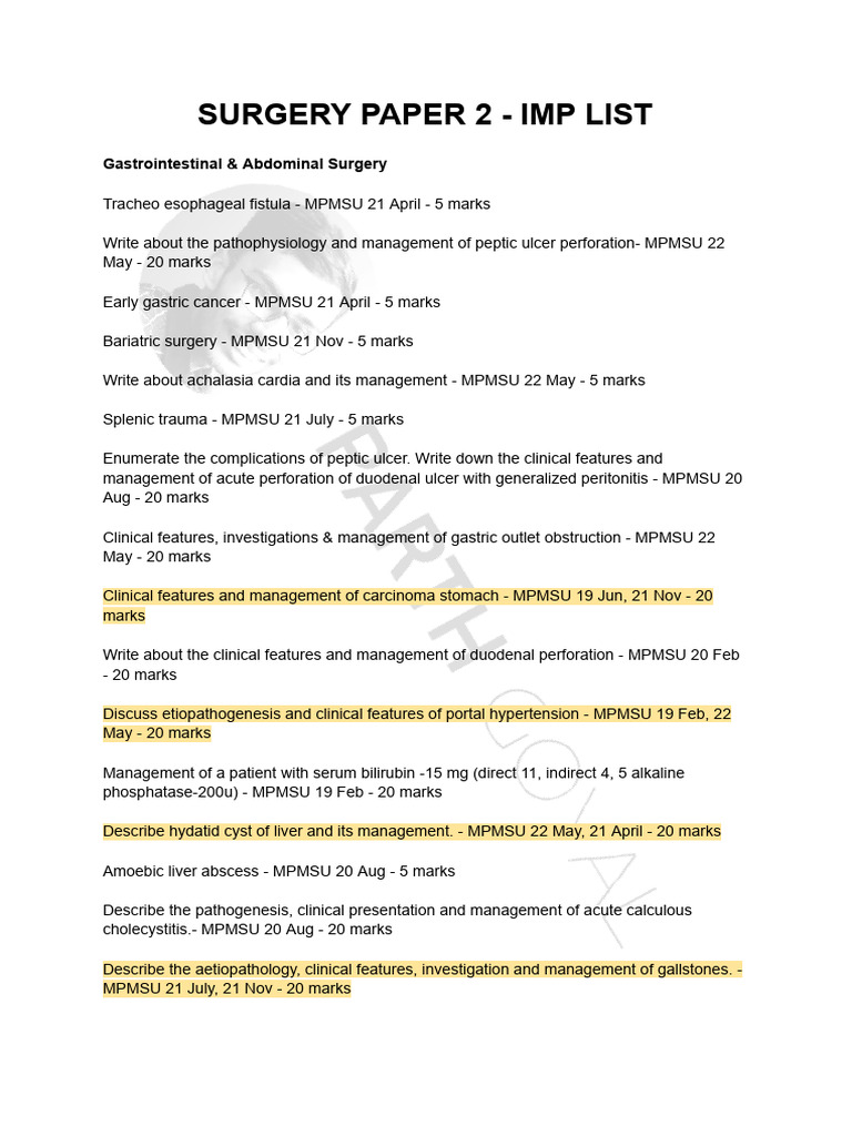 Surgery Paper 2 - Imp List | PDF | Stomach | Gastroenterology