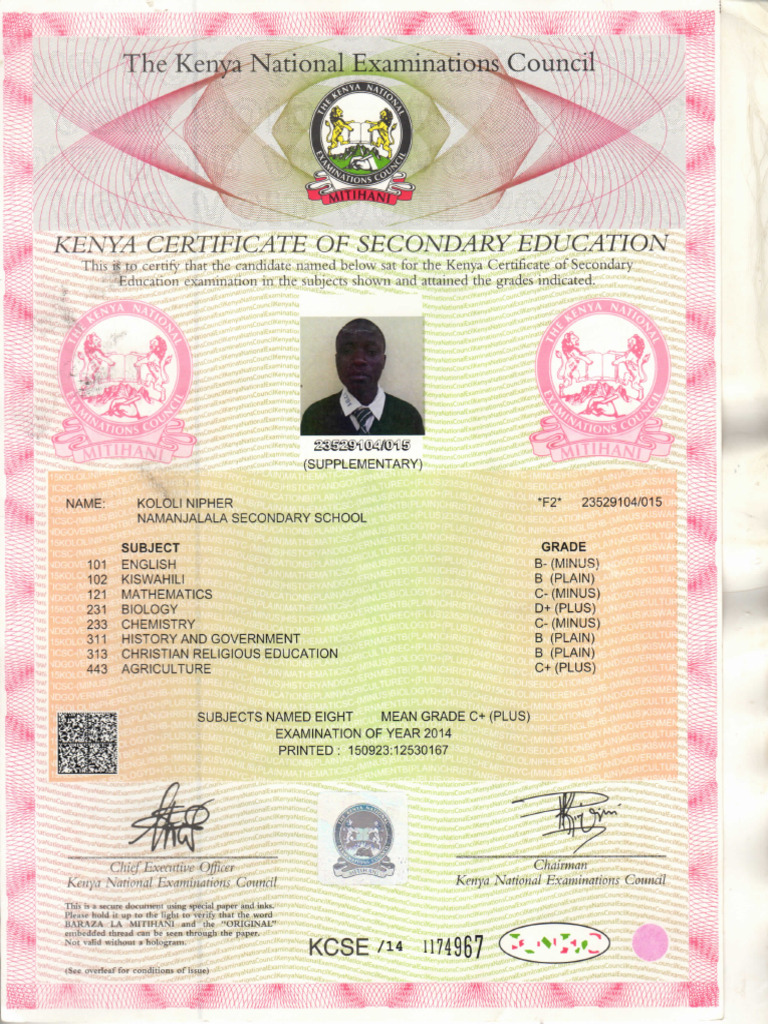 Nipher Kololi Kcse Certificate | PDF