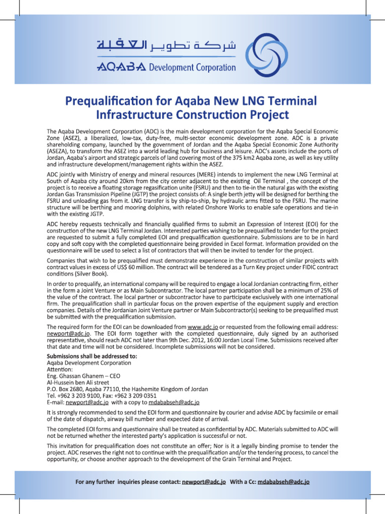 Cwct00811 LNG Terminal Construction Tender Aqaba Jordan | PDF