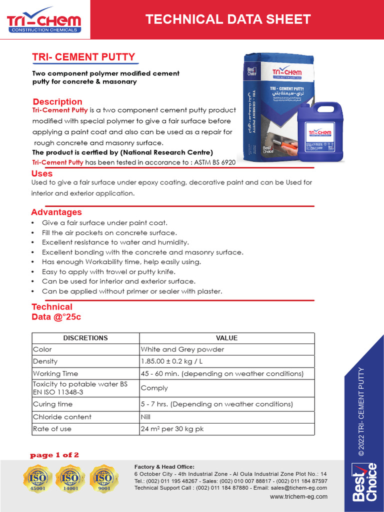 Tri Cement Putty | PDF | Concrete | Cement