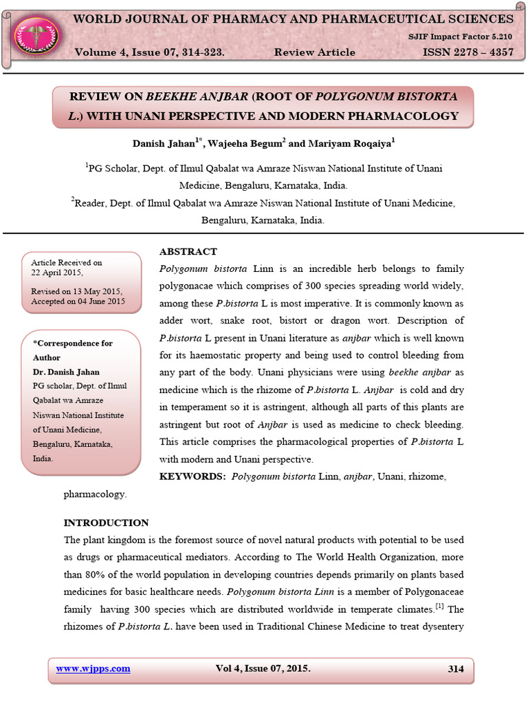 Review On Beekhe Anjbar (Root of Polygonum Bistorta L.) With Unani ...