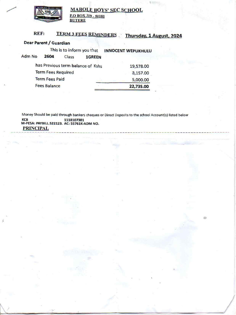 MABOLE BOYS FEES | PDF