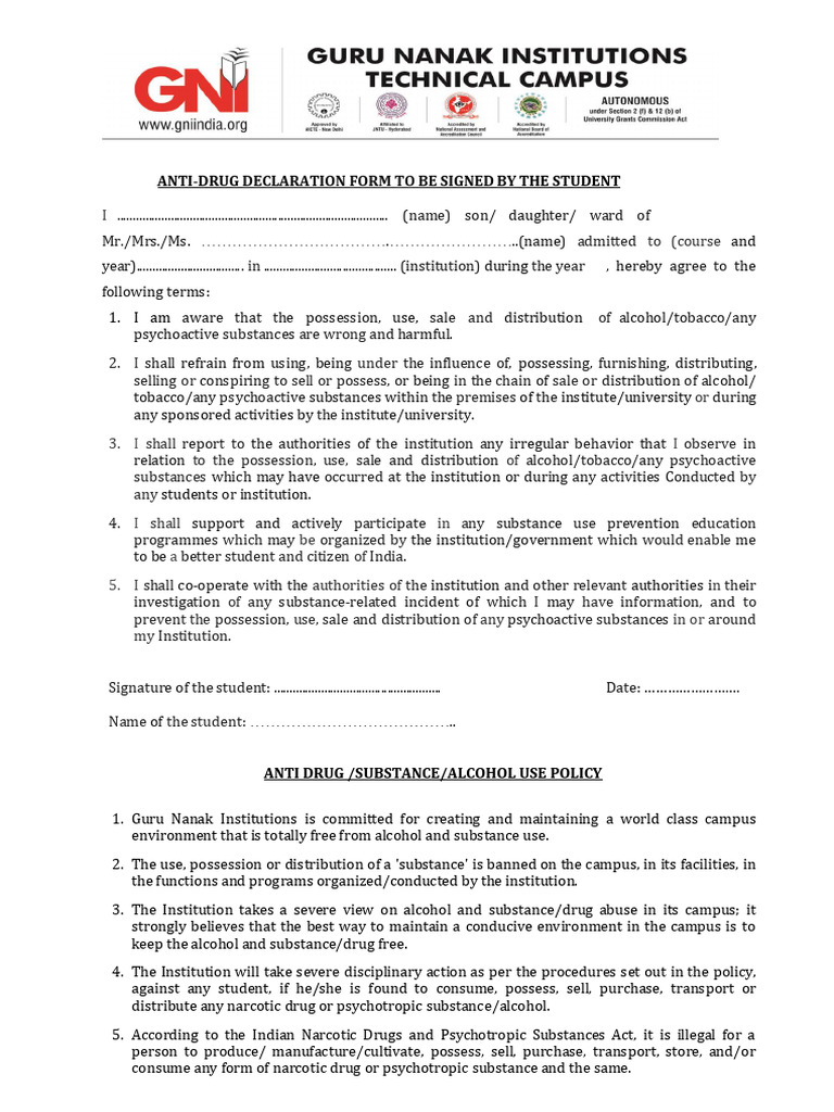 Anti Drug Declaration Form | PDF | Substance Abuse | Drugs