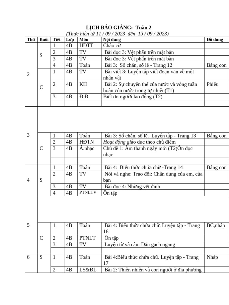 Khbd Lớp 4b - Tuần 2 (Mai) | PDF