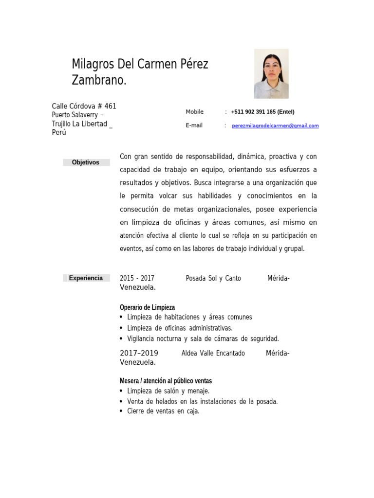 CV 2024 Milagros Perez | PDF | Venezuela | Business