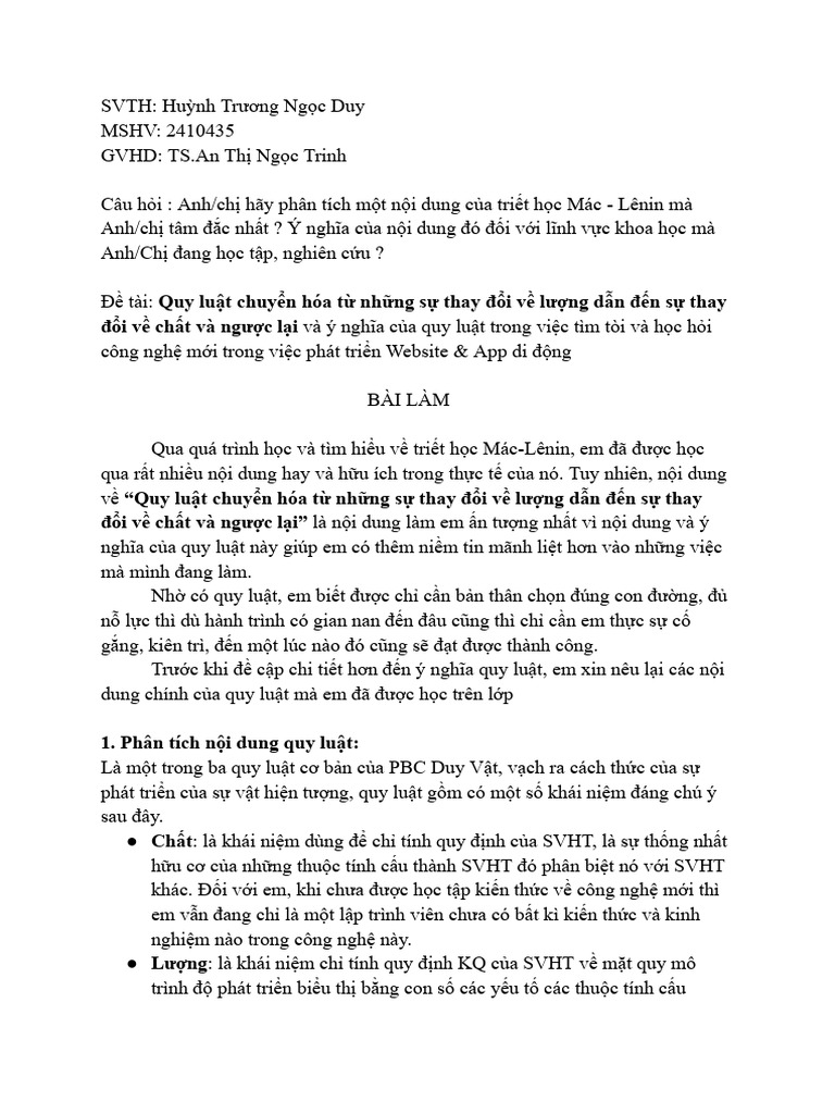 Huỳnh Trương Ngọc Duy - Bài KT cá nhân - Lớp 5 - Triết học - HK 241 | PDF