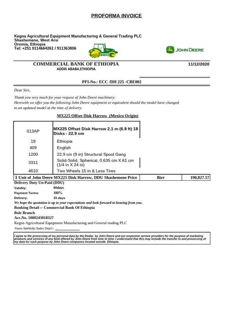 John Deere MX225 Disk Harrow Quotation | PDF