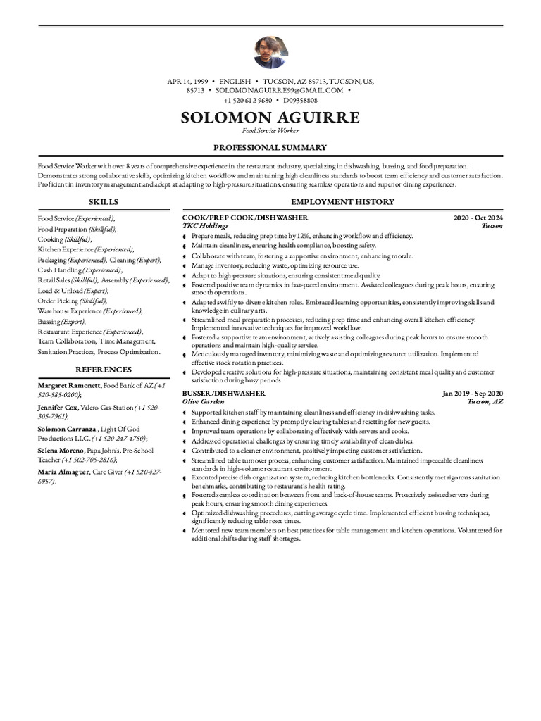 Example Bionote for Food Service Worker | PDF | Kitchen | Restaurants