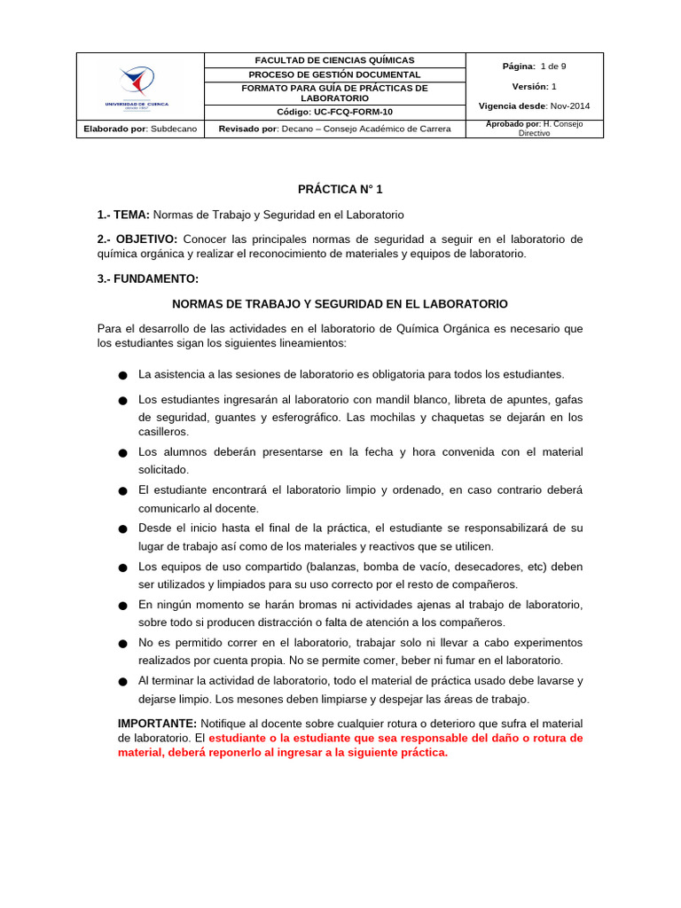 Práctica No 1 Normas de Seguridad y de Comportamiento en El Laboratorio | PDF | Laboratorios ...