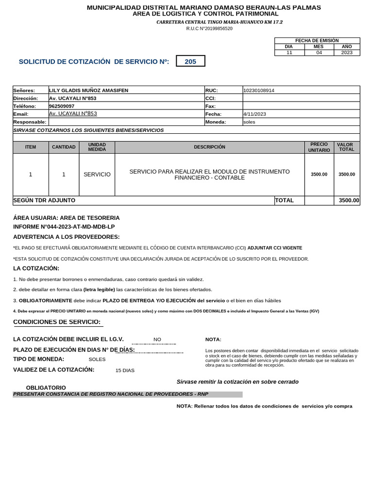 Sol. Coti N°205-2023 - Servicio de para Realizacion Del Mif | PDF | Industrias de servicio ...
