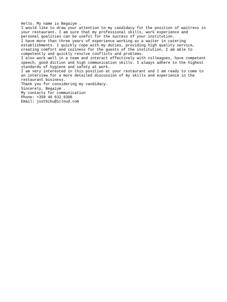 Waitress Application by Begaiym | PDF