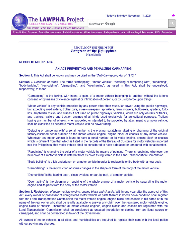 R.A. 6539 (anti carnapping) | PDF | Vehicles | Carjacking