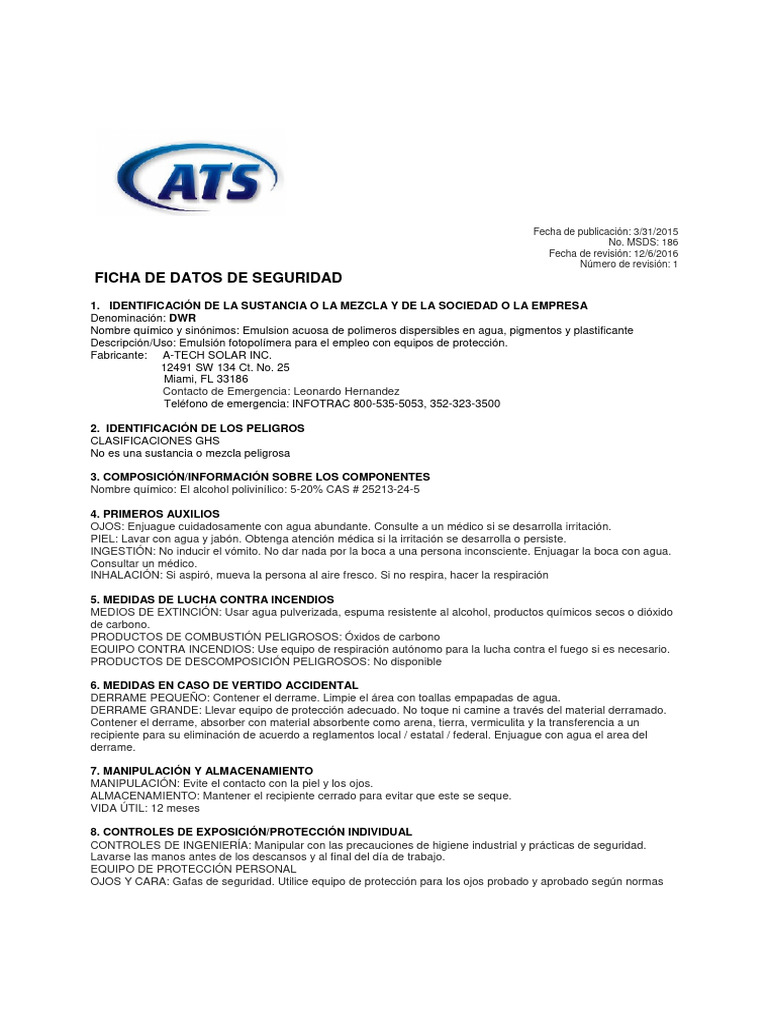 Ats Dwr Sds Spanish | PDF | Agua | Guante