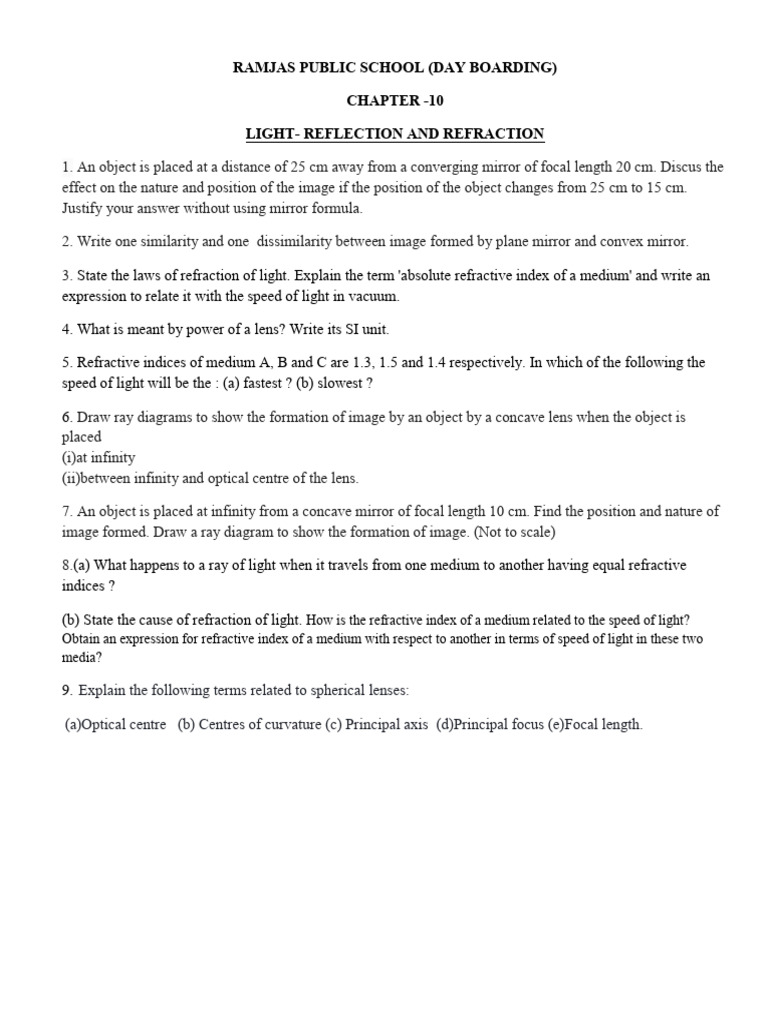 Class 10 Light - Reflection and Refraction WS 4 | PDF