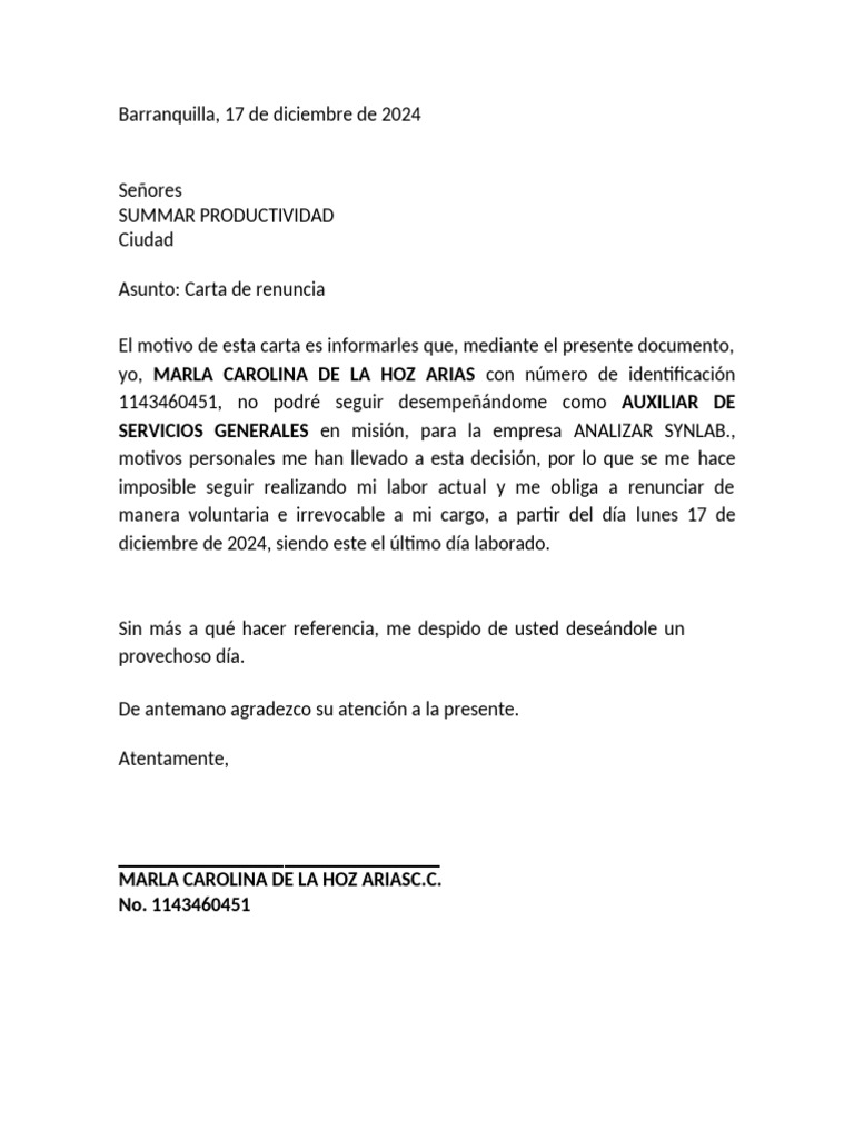 Carta Renuncia Completa SHANEN | PDF