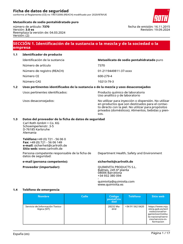 Metasilicato de Sodio: Seguridad y Uso | PDF | Toxicidad | Residuos