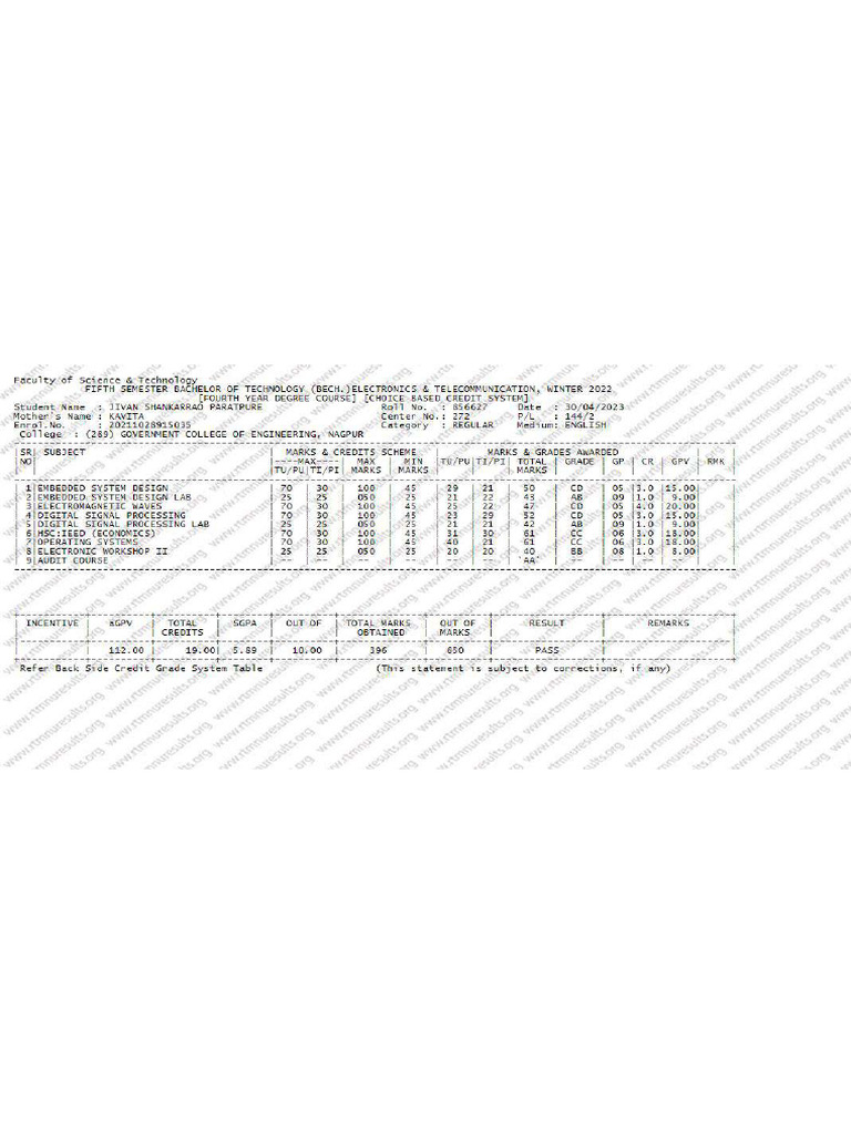 Fifth Sem Result | PDF