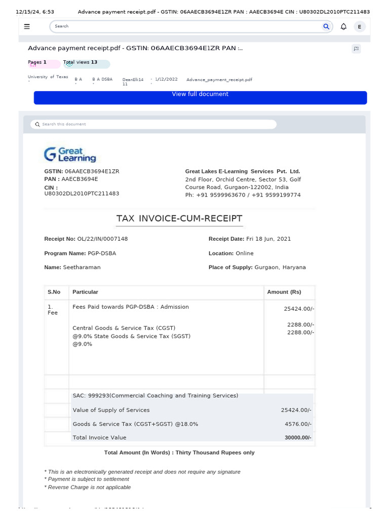 Advance Payment Receipt for PGP-DSBA | PDF | Receipt
