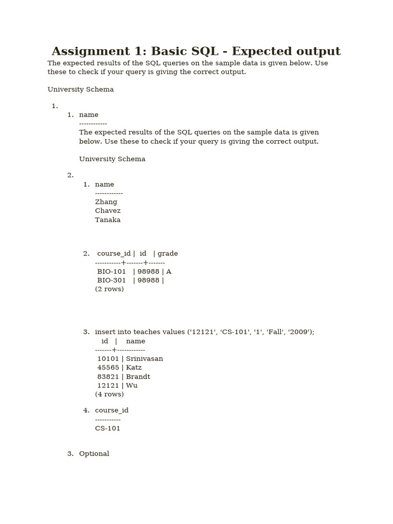 Assignment 1 Basic SQL - Expected Output | PDF