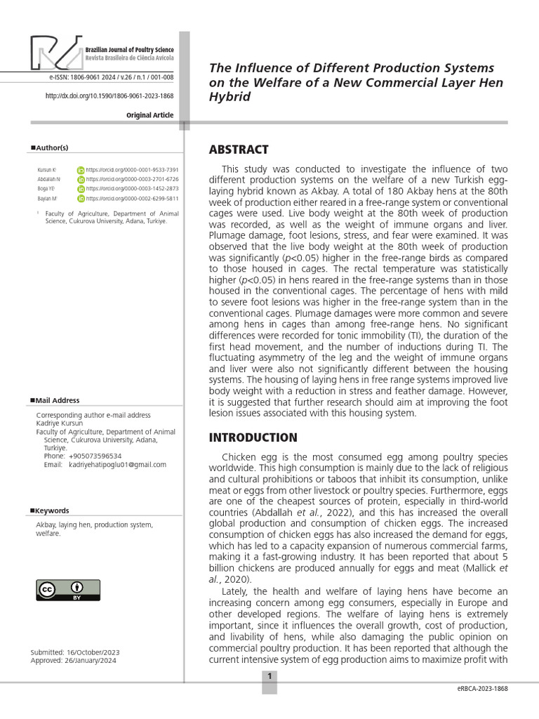 The Influence of Different Production Systems On The Welfare of A New ...