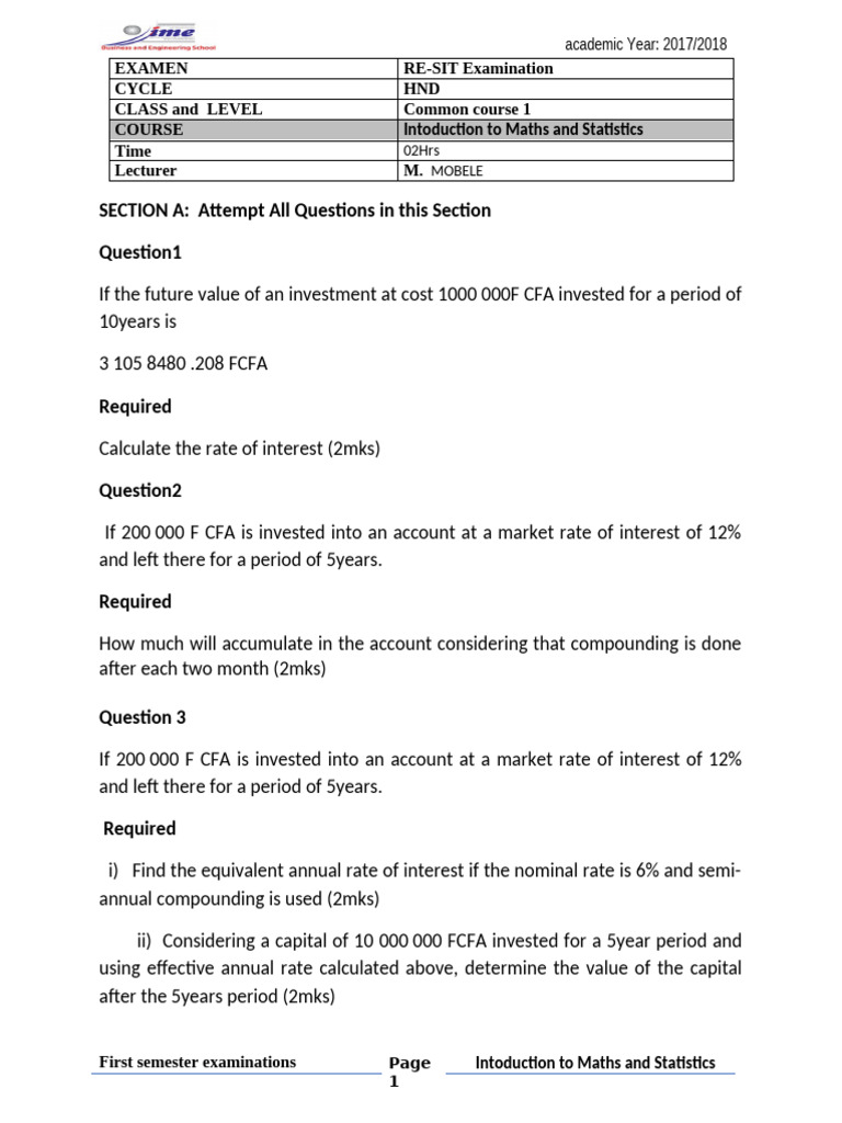 2018 Maths and Statistics | PDF | Present Value | Interest