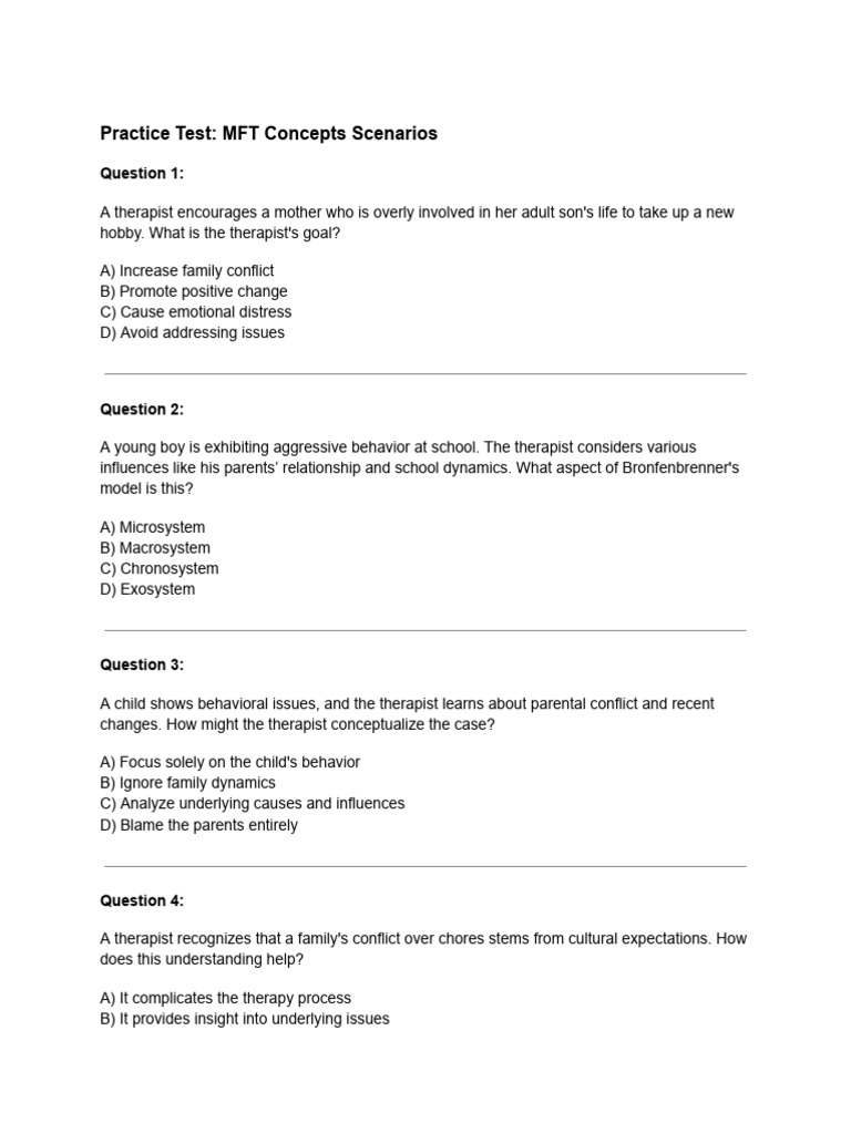 MFT Concepts Practice Test Questions | PDF | Psychotherapy | Emotions