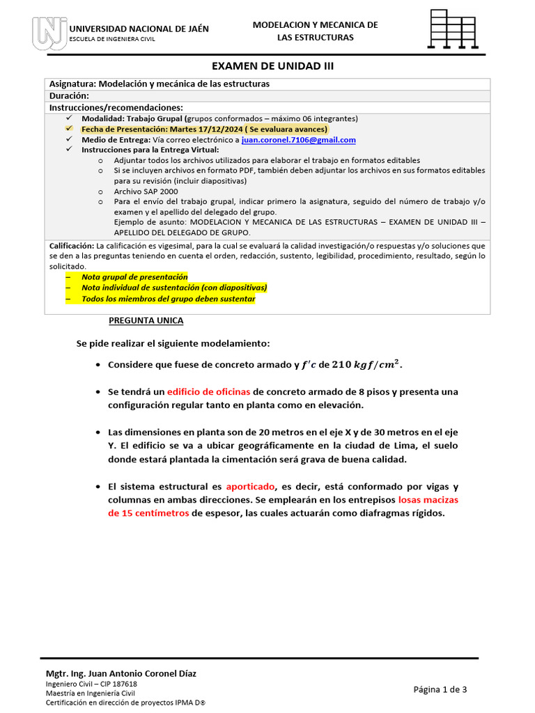 Examen de Unidad III - Modelacion | PDF | Ingeniero civil