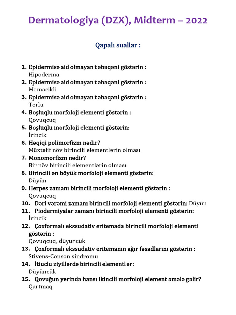 Dermatologiya (DZX), Midterm - 2022 (C. Z.) - 1 | PDF