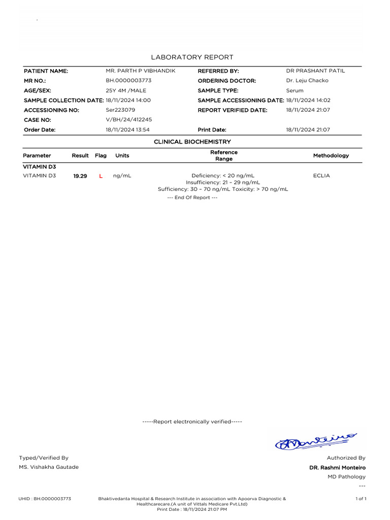 Vitamin D3 Deficiency Report for Patient | PDF | Clinical Medicine ...
