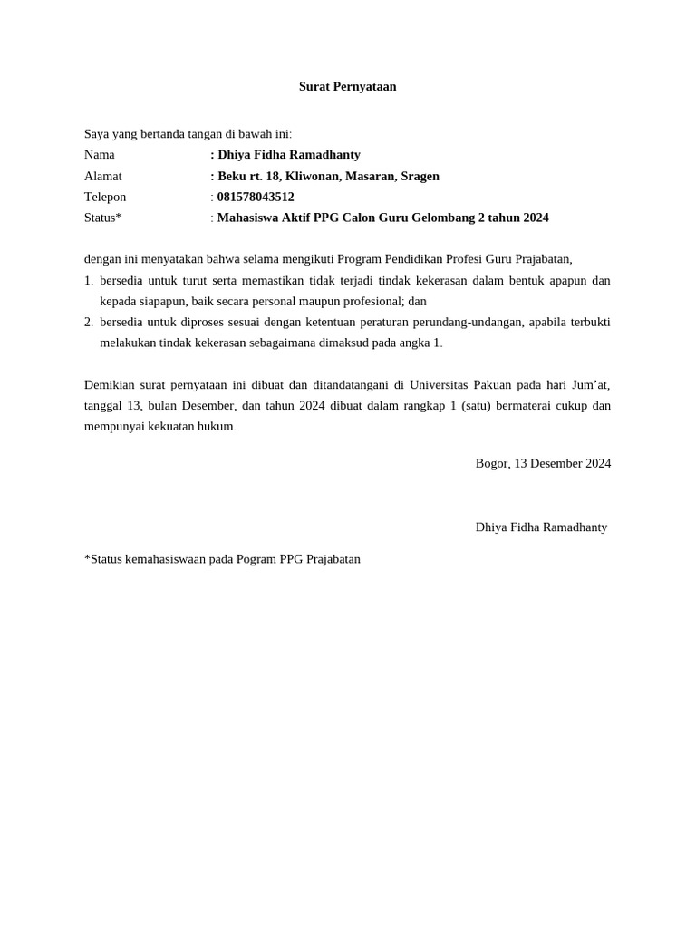 Surat Pernyataan PPKS untuk PPG_Pambudi_edited | PDF