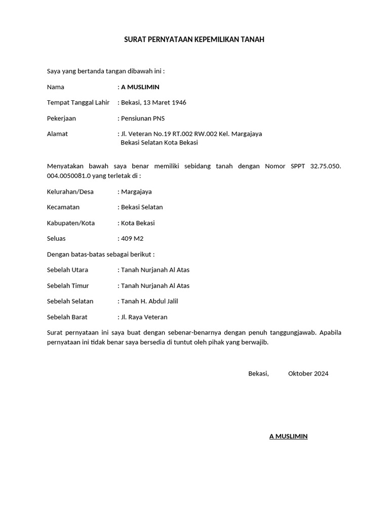 Surat Pernyataan Kepemilikan Tanah | PDF