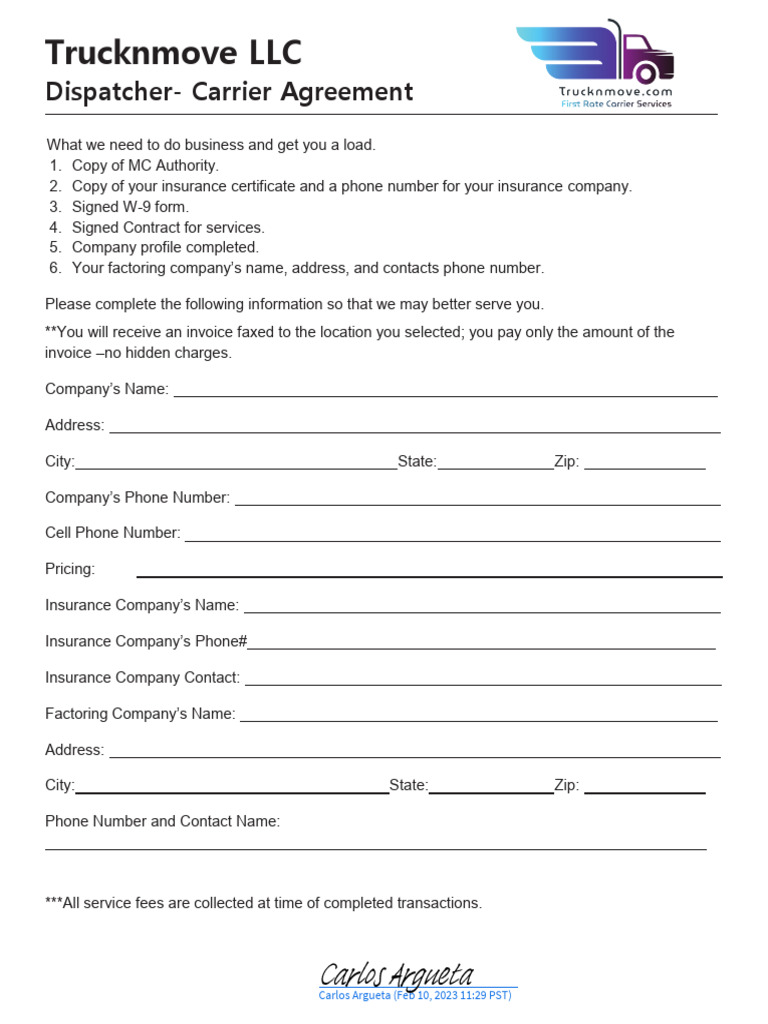 Dispatcher-Carrier Agreement Checklist | PDF | Common Carrier | Cargo