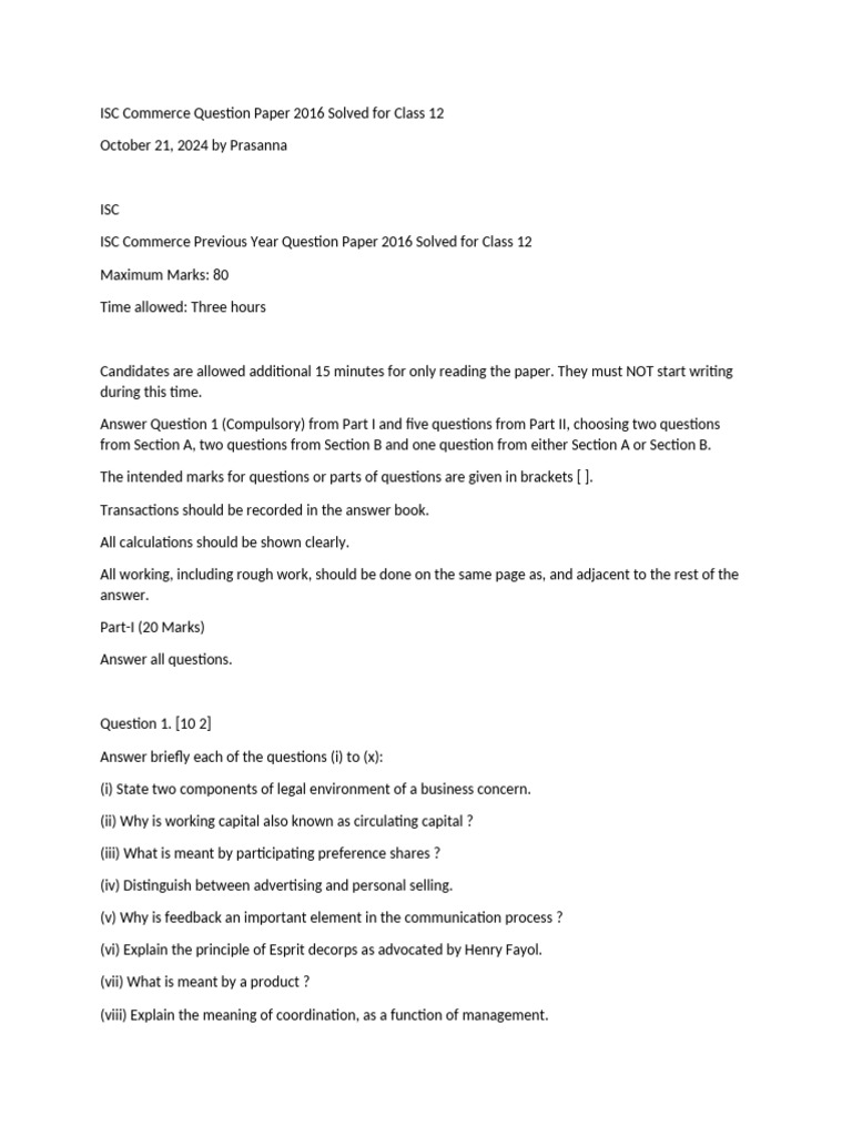 ISC Class 12 Commerce 2016 Solved Paper | PDF | Debenture | Equity ...