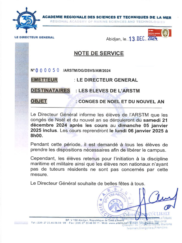 Note de Service Conge | PDF