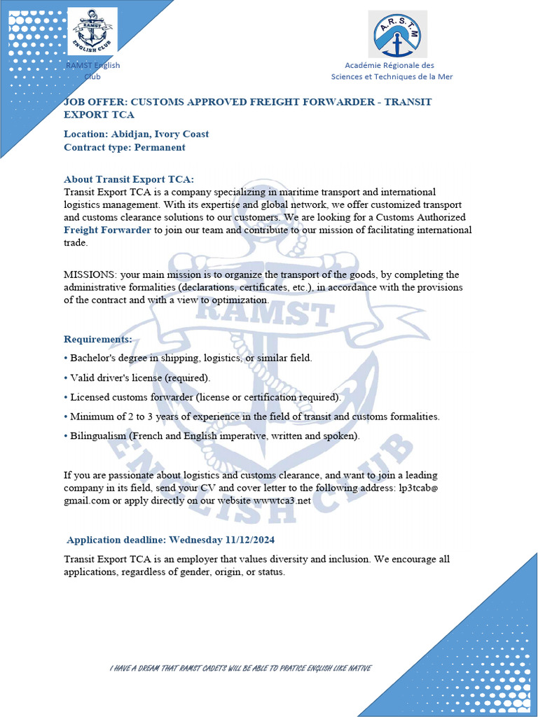 Job Offer: Customs Approved Freight Forwarder - Transit Export Tca ...