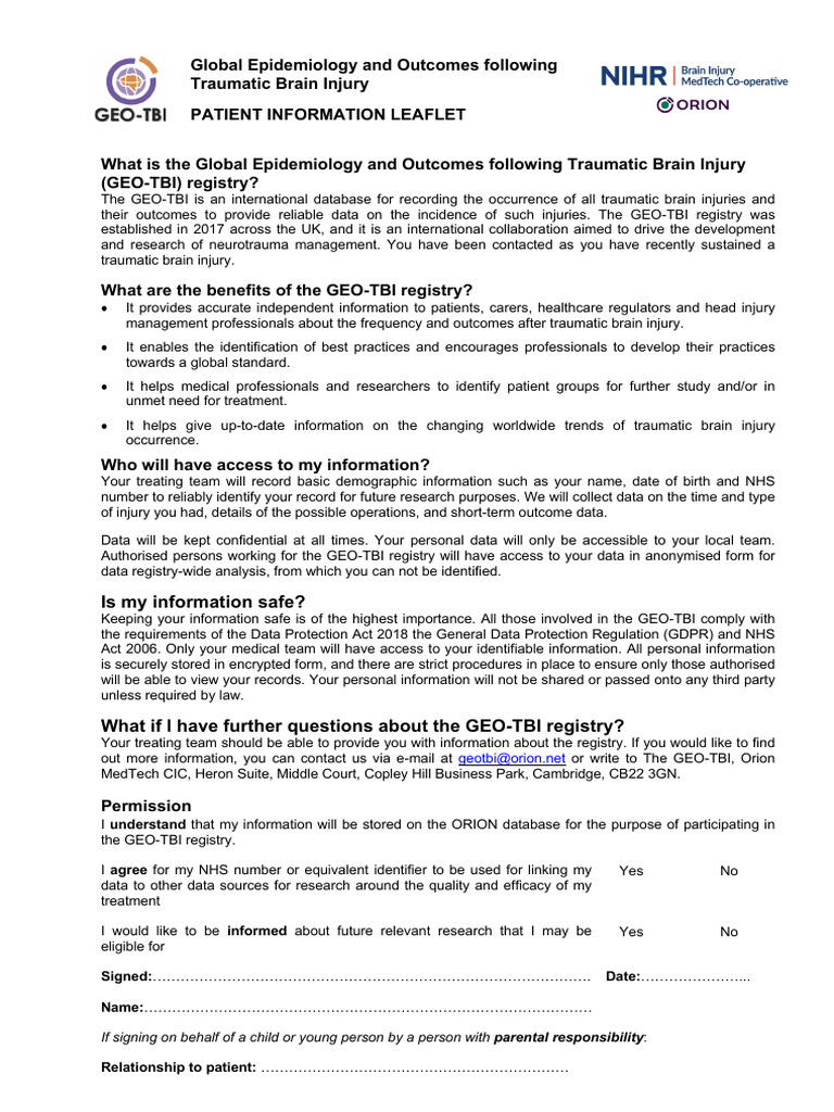 GEO-TBI_patient-information-and-consent | PDF | Traumatic Brain Injury | Health Sciences