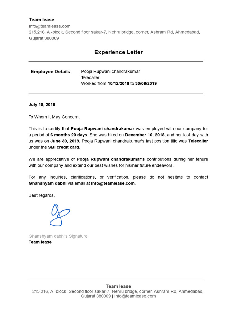 Experience Letter For Pooja Rupwani Chandrakumar | PDF