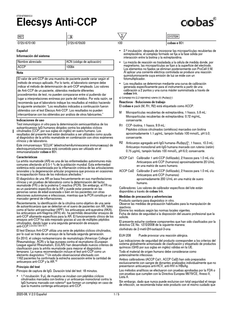 Insert - Elecsys Anti-CCP.07251670500.V2.es | PDF | Especialidades Medicas | Medicina CLINICA