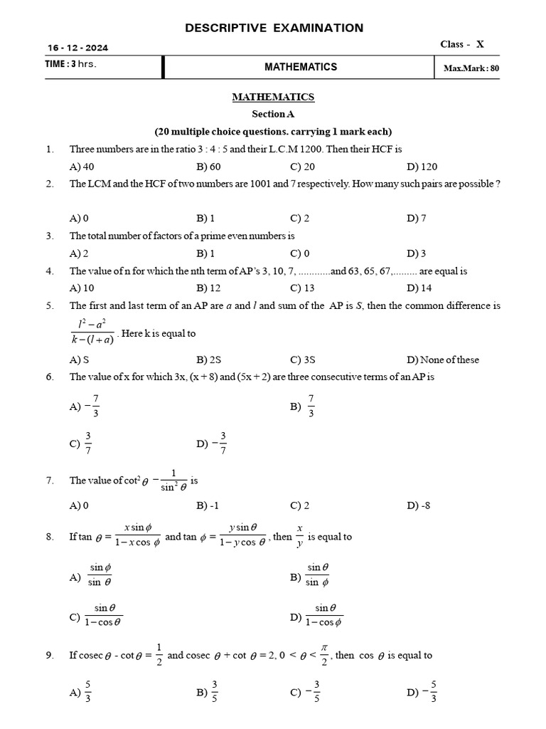 Class X - Maths 16-12-24 Question PDF | PDF | Elementary Mathematics ...