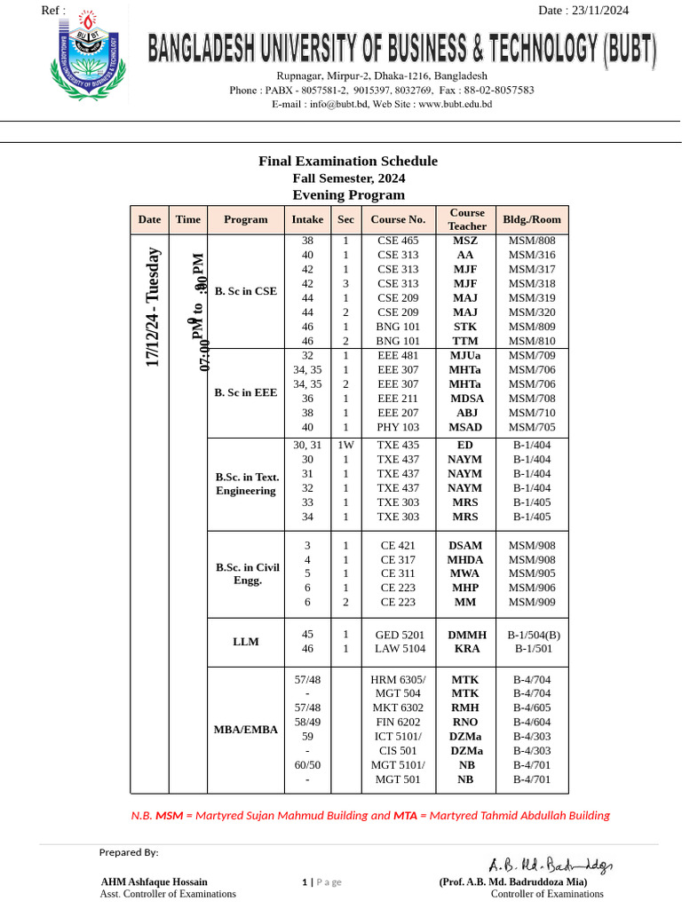 Final Examination Schedule, Fall-2024, Evening Program | PDF