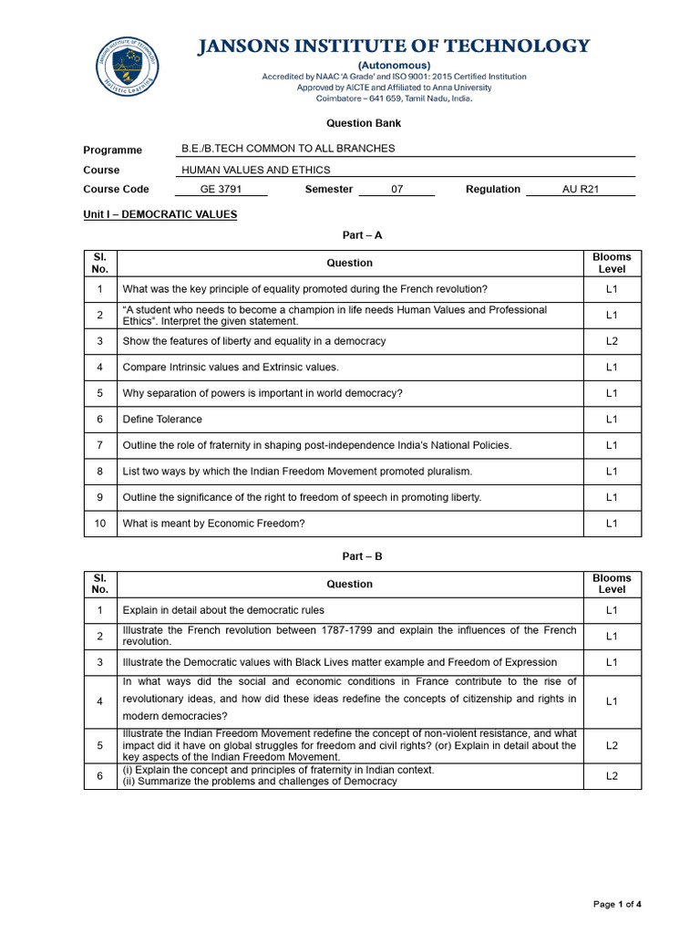 Updated QB - GE3791 Human Values and Ethics QB | PDF | Secularism ...